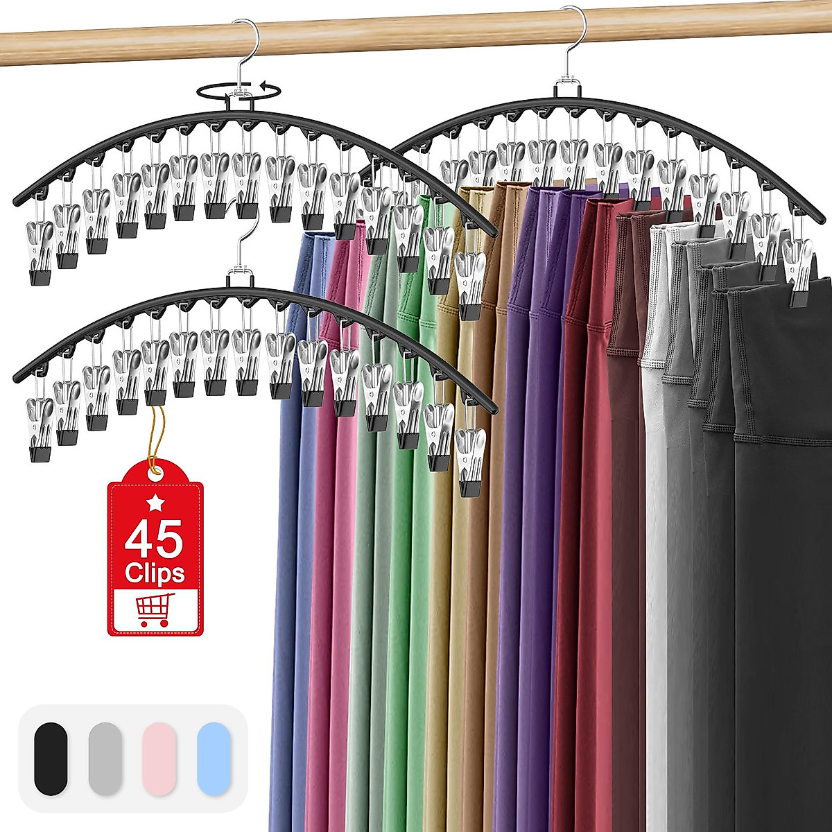 3 Pack Legging Organizer for Closet Hanging, Pants Hangers with 15 Clips Holds 45 Leggings, Shorts, Skirts, Jeans, Hats, Pants Hangers Space Saving Clothes Racks Closet Organizers and Storage, Black