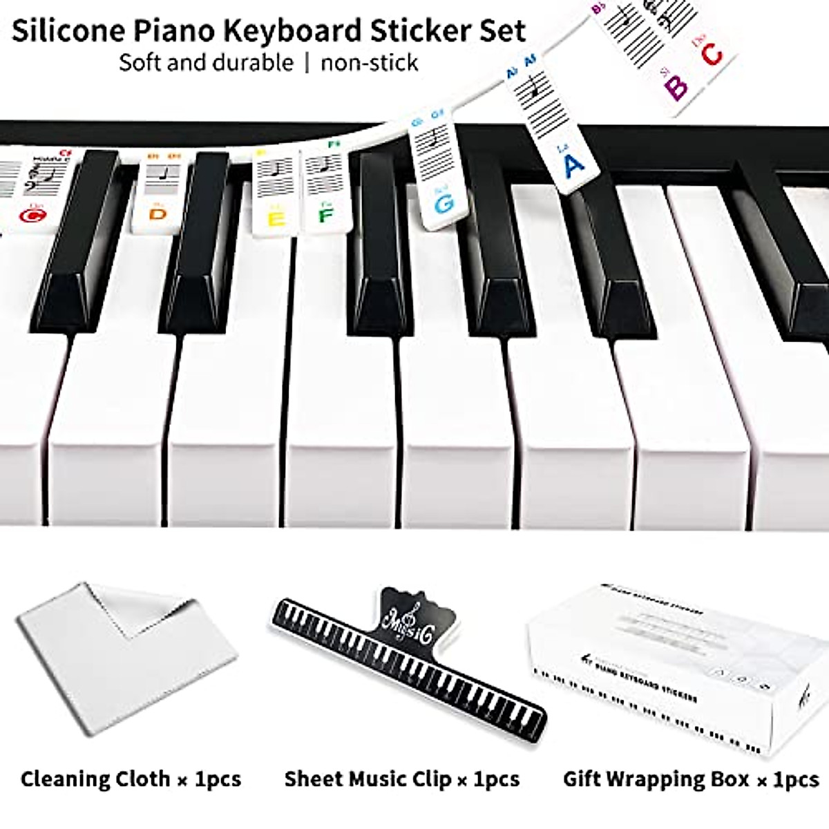 Removable Piano Keyboard Note Labels,Piano Keyboard Stickers,88-Key 61-Key Full Size,Silicone Keyboard Stickers,Suitable Piano Keyboard for Beginners with Box,Sheet Music Clip,Cleaning Cloth