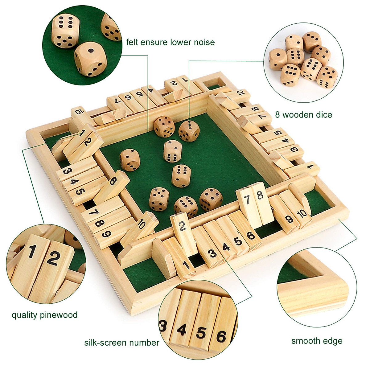Aomola Shut The Box Dice Game Wooden Board Game for Kids Adults 8 Dice 4 Side 8.66 Inch Travel Game for 2 to 4 Players