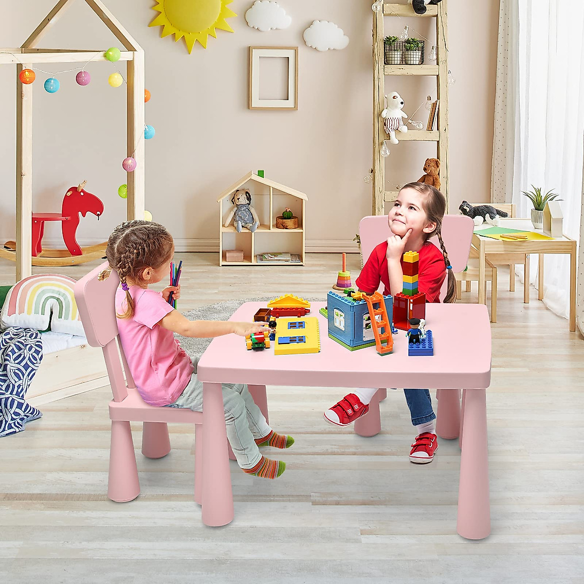 HONEY JOY Kids Table and Chair Set, Plastic Children Activity Table and 2 Chairs for Art Craft, Easy-Clean Tabletop, 3-Piece Toddler Furniture Set for Daycare Playroom, Gift for Boys Girls(Pink)