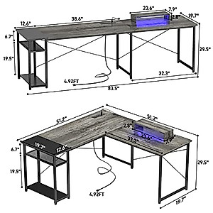 Cyclysio L Shaped Desk with Power Outlets and USB Ports, Reversible L Shaped Gaming Computer Desk with LED Light, 83.5'' Large 2 Person Desk with Monitor Stand, L-Shaped Corner Desk, Grey and Black