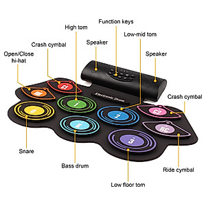 LOMUTY Electronic Drum Pad, 9 Pads Rollable Drum Practice Pad Kit Portable Electronic Drum Set for Kids Teens and Adults Beginners, Dual Built-in Stereo Speakers Digital Drum Pad Christmas Gifts