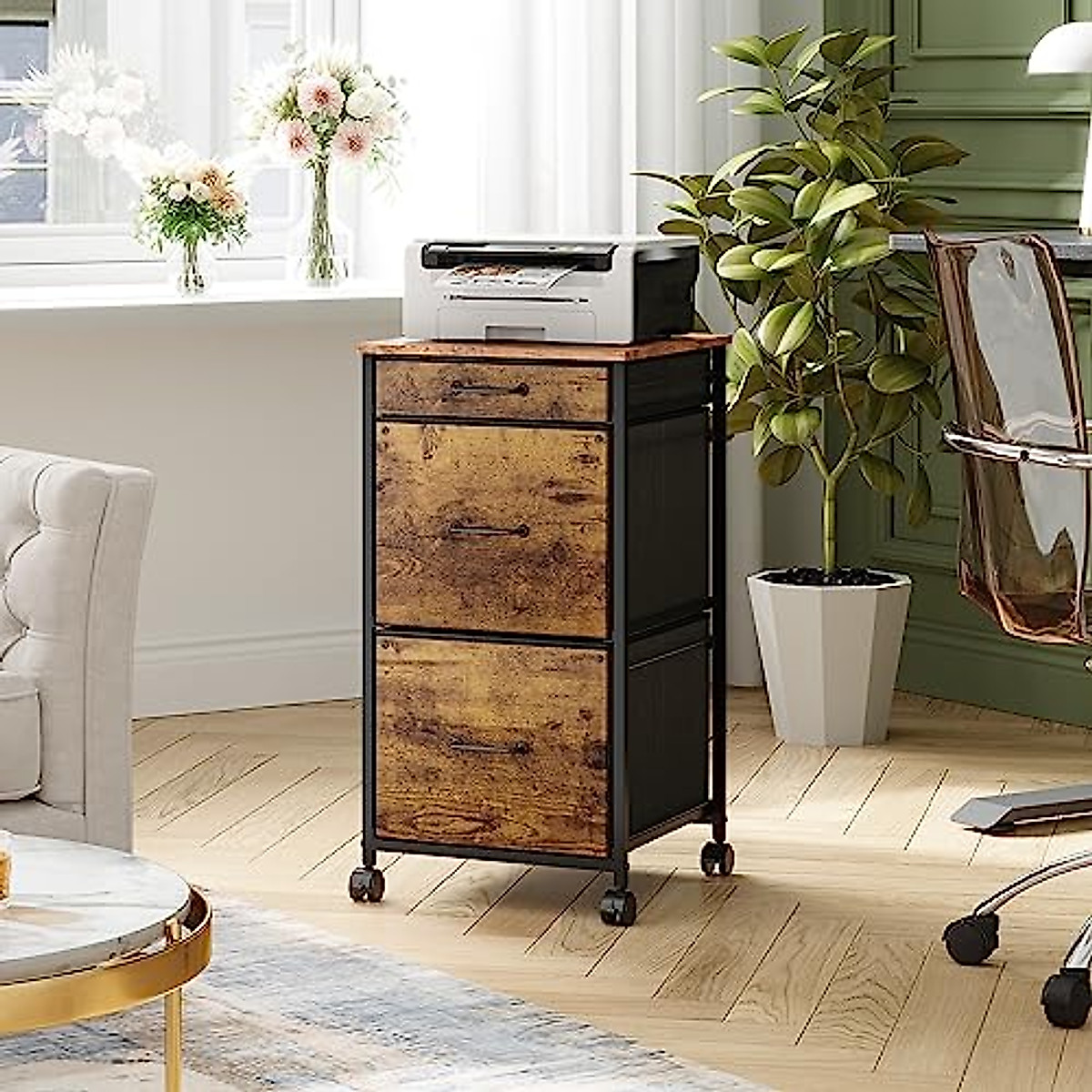 DEVAISE Mobile File Cabinet with 3 Drawers, Printer Stand with Fabric Drawers, Vertical Filing Cabinet fits A4 or Letter Size for Home Office, Rustic Brown Wood Grain Print