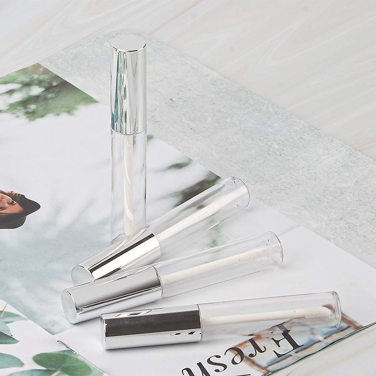 GTHER 10PCS 10ML Empty Lip Gloss Containers Tube with Wand, Refillable Lip Balm Bottles, Lipstick Sample Container and Funnel and Rubber Stoppers for Girls DIY Lip Samples, Silver Top