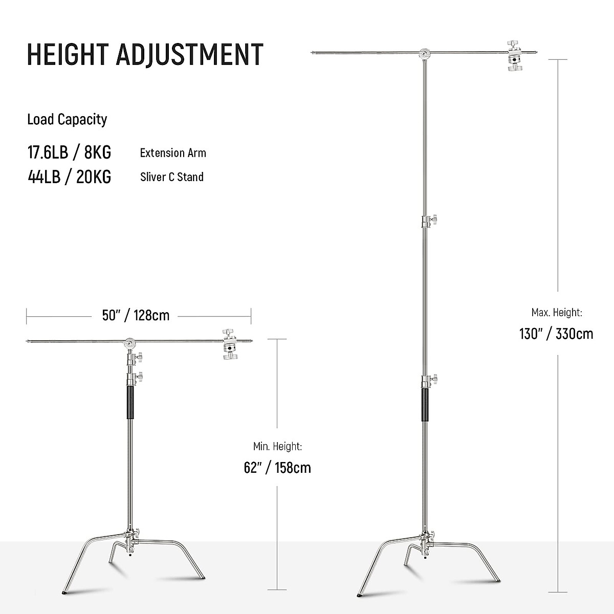 NEEWER C Stand with Boom Arm Pro 100% Stainless Steel, Air Cushion Heavy Duty Photography Light Stand Max Height 10.8ft/330cm, 4.2ft/128cm Holding Arm, 2 Grip Head for Monolight Softbox Reflector