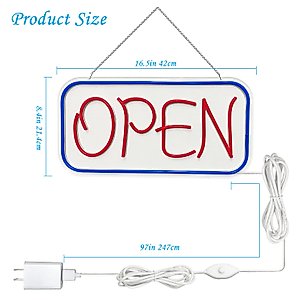 Neon Open Sign, Open Signs for Business, 16.5"x 8.4" Open Sign Led, Open Signs for Business Window With Adjustable Brightness, Open Neon Sign, Powered by USB with ON/OFF Switch