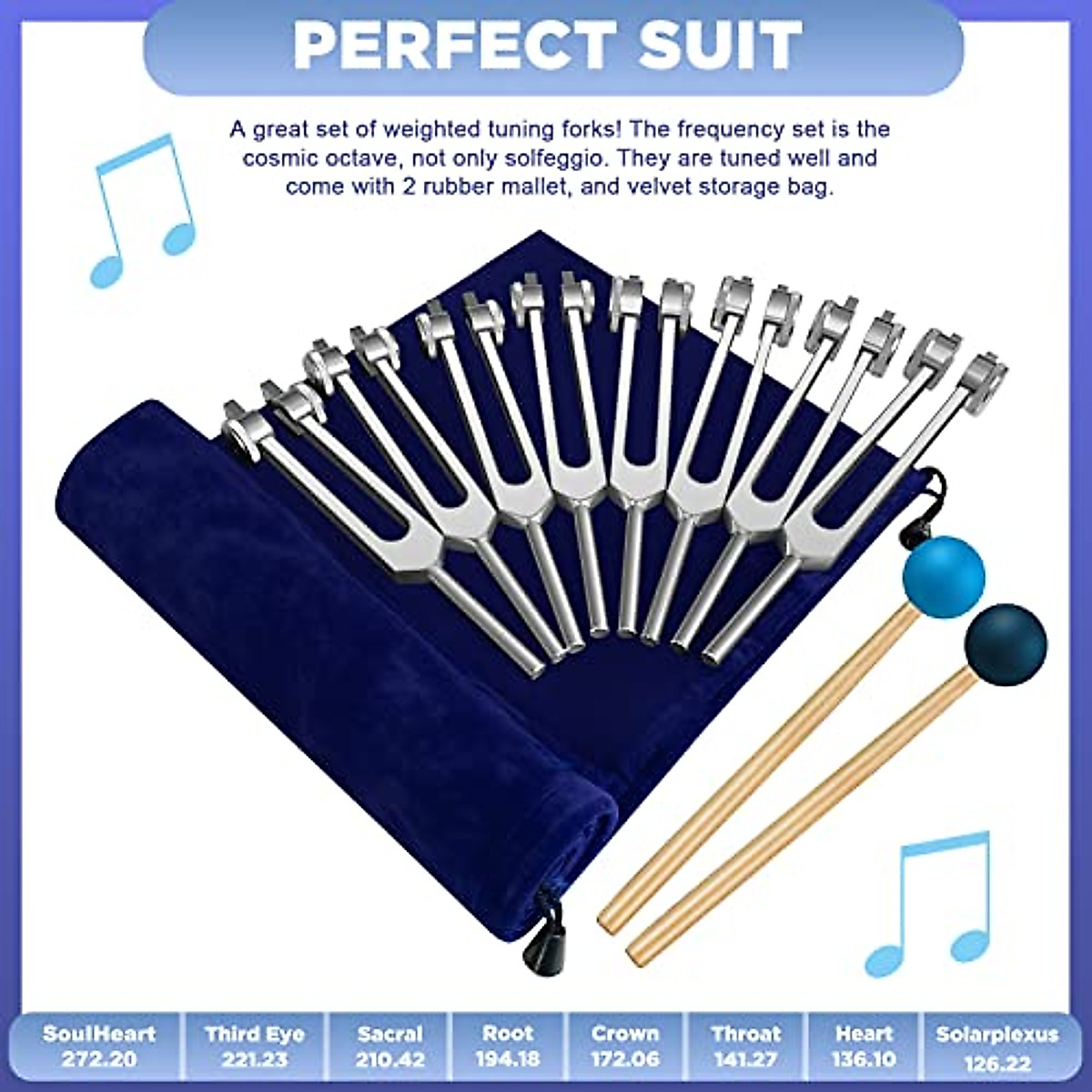 Lrowvenu Chakra Tuning Forks Set, 7 Chakra and 1 Soul Purpose Weighted Tuning Forks for Cosmic Octave, Aluminum Alloy, Sound Healing Instruments, Silver by Lrowvenu