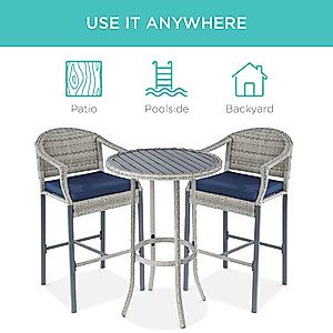 Best Choice Products 3-Piece Patio Bar Table Set, Outdoor Wicker Bar Height Bistro Furniture for Backyard, Poolside, Balcony w/Barstools, Cushions, Steel Frame – Gray/Blue