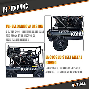 HPDMC 6.5HP Gas Driven Piston Air Pump KOHLER RH65 Engine Belt drive gas-powered 20-Gal Hor Tank 17cfm @125psi for Workshop Compressor Portable Compressed System