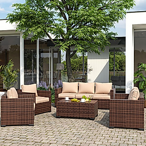 Amopatio Outdoor Patio Furniture Sets, 8 Pieces Outdoor Wicker Patio-Furniture, Outdoor Sectional Patio Set with Storage Table, Patio Conversation Set for Proch Garden Deck (Khaki)