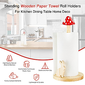 Wood Paper Towel Holder, Farmhouse Rustic Paper Towel Holder Countertop Standing Paper Towel Organizer Roll Dispenser, Wooden Paper Towel Roll Holders for Kitchen Home Decor (Rabbit and Mushroom)