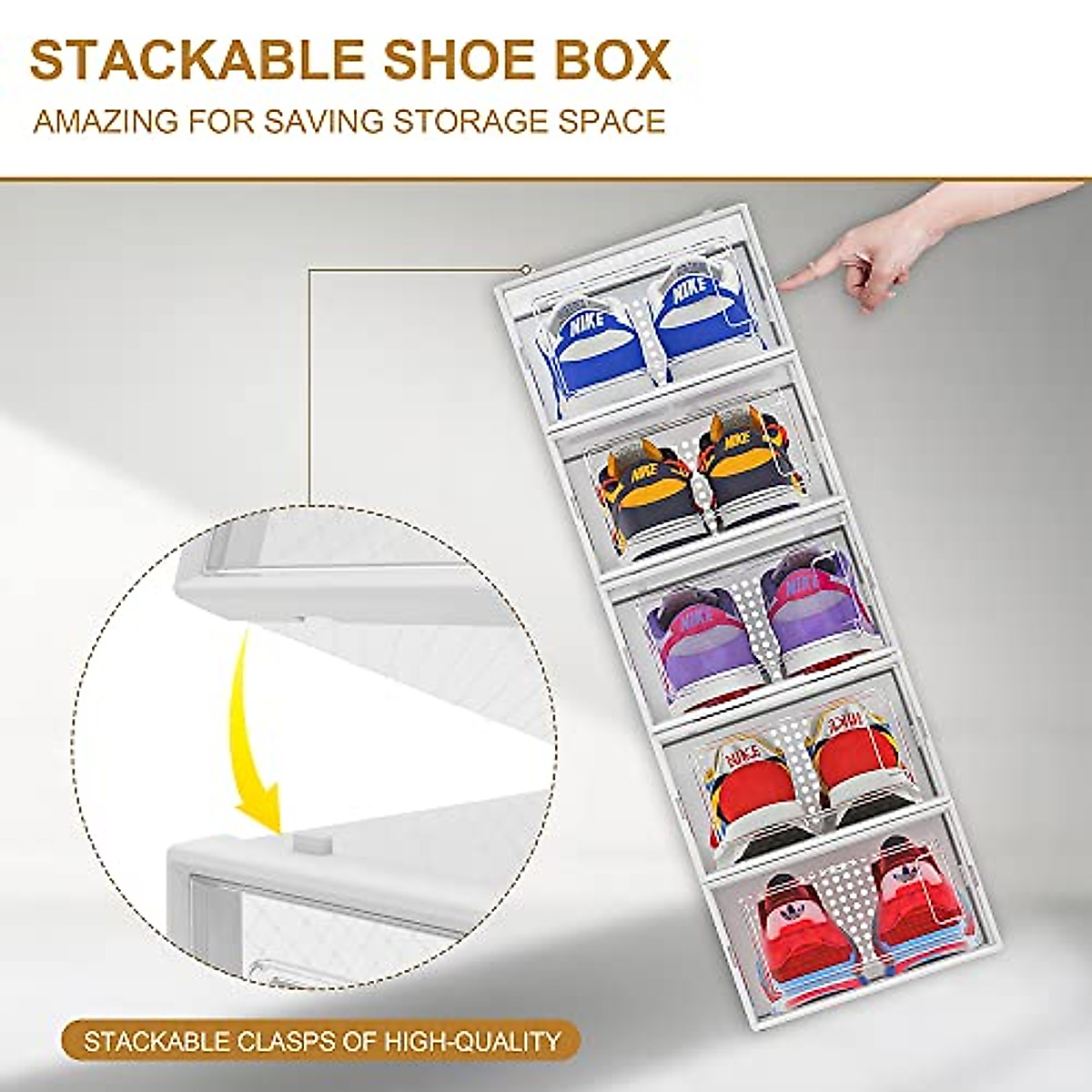 QualiapeX Medium Shoe Storage Boxes, Clear Plastic Stackable Shoe Organizer, Foldable Storage Bins Shoe Container Box, White 12 Pack