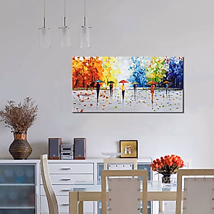 100% Hand-painted Abstract Landscape Wall Art People Walking Modern Oil Painting