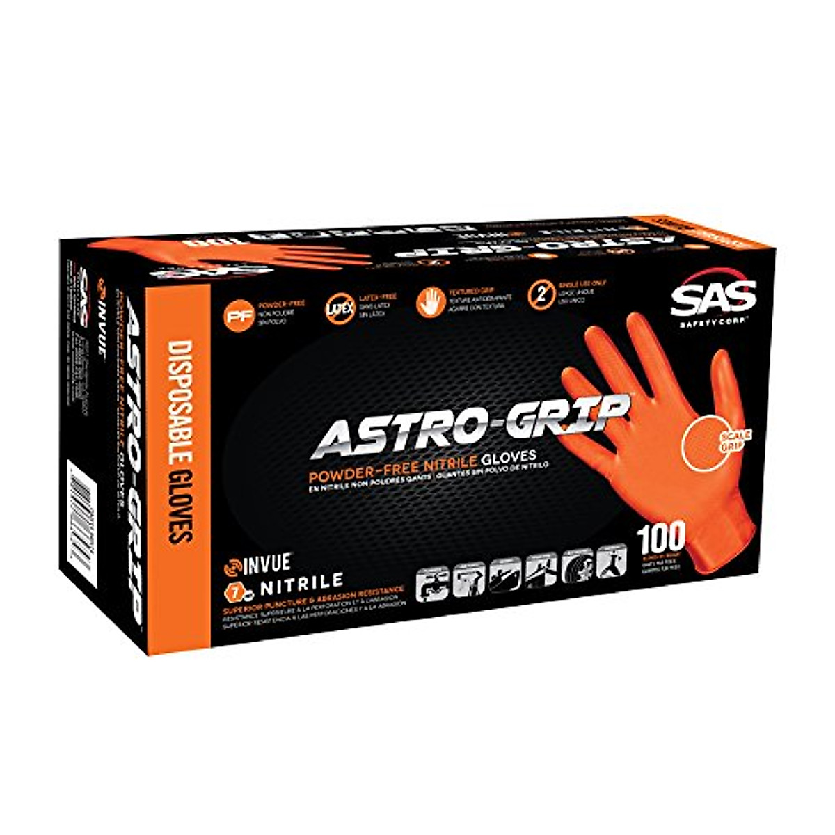 SAS Safety 66574 Astro-Grip Powder‐Free 7 Mil Nitrile Gloves, X-Large, Orange 100/BX