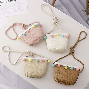 Toddler Baby Girls Straw Hat Wide Brim Sun Hat with Shoulder Bag Set Cute Pompom Beach Hat (Head circumference50-52cm/19.7-20.5", Beige)