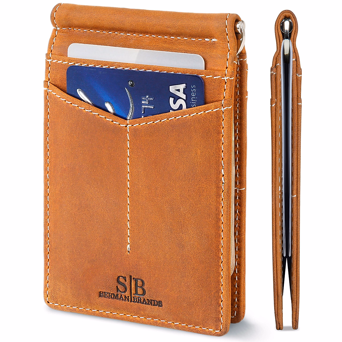 SERMAN BRANDS RFID Blocking Wallet Slim Bifold - Genuine Leather Minimalist Front Pocket Wallets for Men with Money Clip Gift (California Desert Rogue)