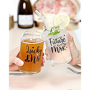 Nefelibata Future Mrs. Lucky Mr. Coffee Cups Beer Can Glasses Set of 2 Engagement Gifts Cup Wedding Bride Groom for Cocktail Juice Large 16 oz Drinking Glass Mason Jar For Couple Wife Husband Woman