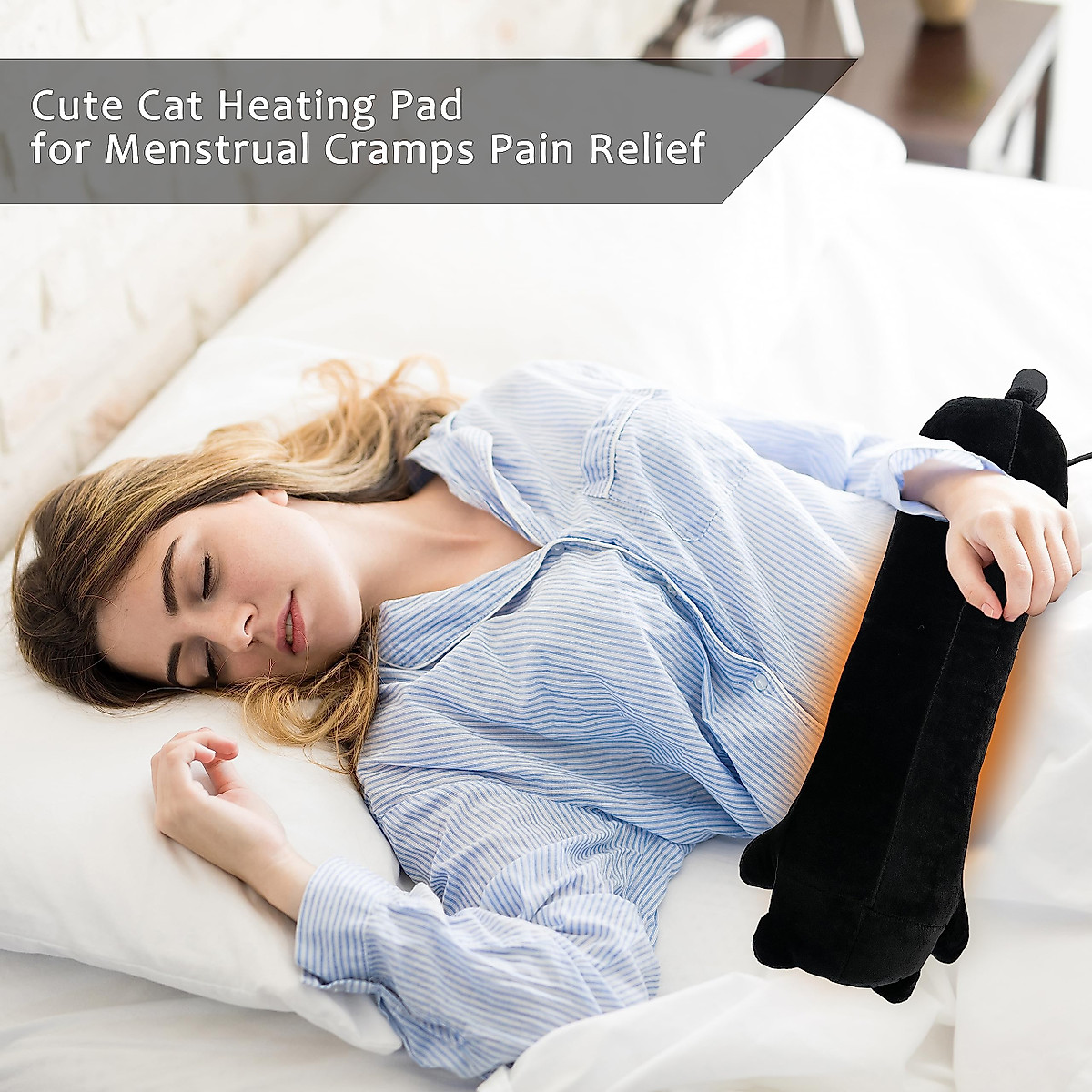 Heating Pads for Period Cramps & Menstrual Pain Relief, Portable Cute Stuffed Animal Heat Pad USB Powered for Car Trivel, Gift for Women Mom Teen Girls Birthday（Black cat2）