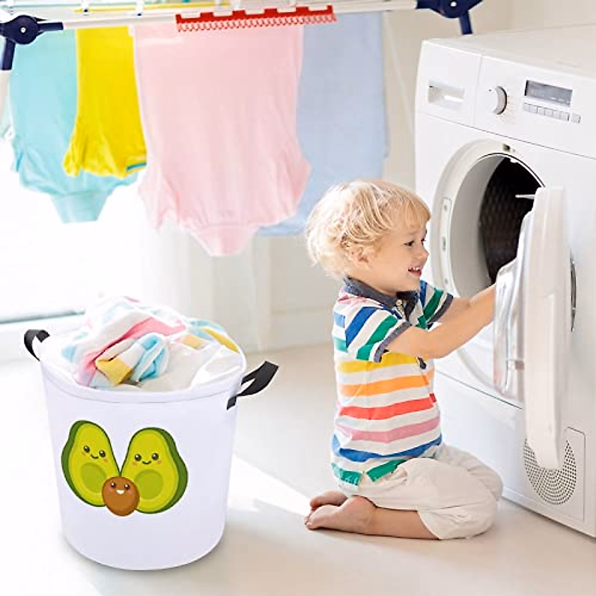 Cute Cartoon Avocado Family Large Laundry Basket Hamper Bag Washing with Handles for College Dorm Portable