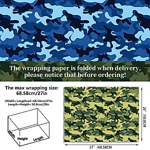 Lide Road Camo Wrapping Paper Set, 12 Sheets Army Wrapping Paper for Birthday Veterans Day 4 Style Green Blue Camouflage Gift Wrap for Veterans Day Paper Decorations 20'' x 27''