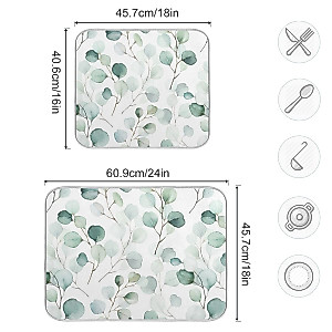 Green Leaves Dish Drying Mat 16x18 for Kitchen Counter Watercolor Herbs Women Kitchen Drying Mats Dishes Pad Absorbent Fast Dry Dish Draining Mats Medium Kitchen Accessories