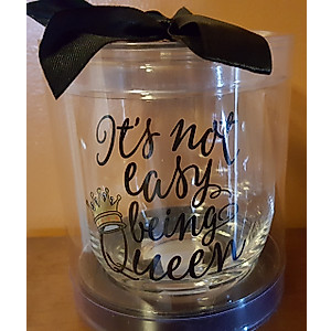 BnB Novelty Stemless Wine Glass Its Not Easy Being Queen Funny Gift 16 ounce Clear Glass with Black Script and Gold Crown in Acetate Box with Black Satin Bow, 1 per order