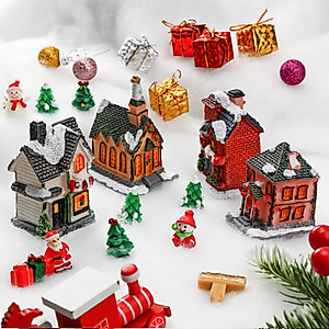 17 Pieces Christmas Village Sets Lighted LED Christmas Village Houses, Xmas Tree Gift Box Snowmen Santa Sign Miniature Figurines Snow Blanket, Christmas Home Table Decor Collectible Buildings