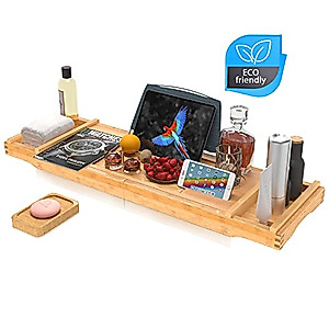 Luxury Bamboo Bathtub Caddy Tray, 1-2 Person SPA Bath and Bed Time, Adjustable Bathroom Bath Tub Organizer with Extending Sides Wine Glass Holder Book or Tablet Stand, Gift Bath Accessories for Women