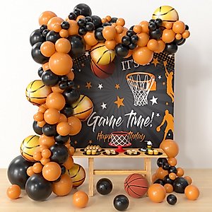 HYOWCHI Basketball Party Decorations - 132 Pcs Basketball Party Supplies Balloon Garland Arch Kit, Black Orange Latex Balloon Arch For Sports Basketball Baby Shower Birthday Party Decorations