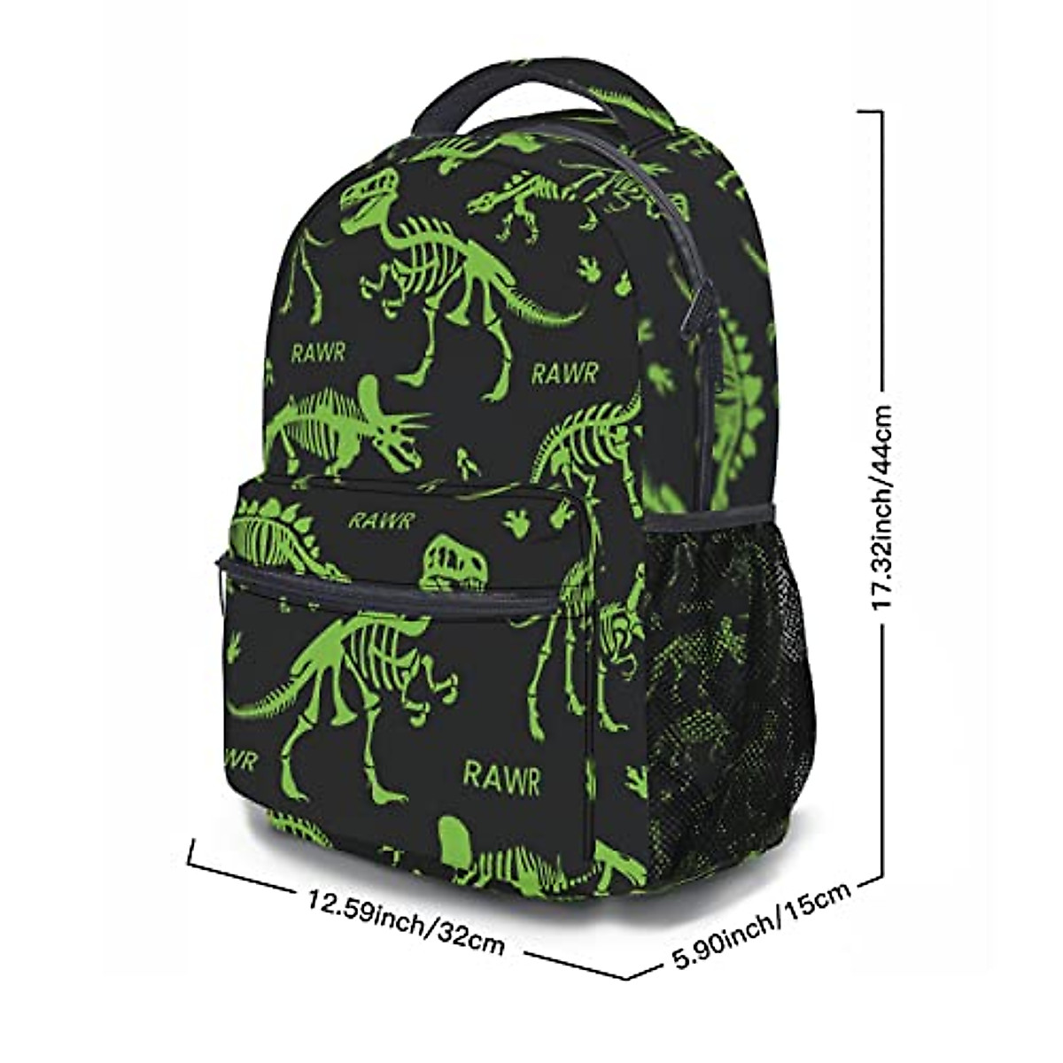 Dacawin Green Dinosaur Skeleton Backpacks Dinosaurs Bones Black School Backpack Casual Multipurpose Bookbag Lightweight Schoolbag for Kids Boys Girls Travel Camping