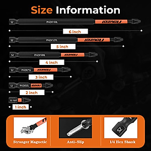 LOZAGU 12-Piece Phillips Bits #2 Impact Magnetic, S2 Steel, 1 2 3 4 5 6 Inch Long 2 Phillips Bits Set, 1/4 Hex Shank Phillips Head Drill Bits