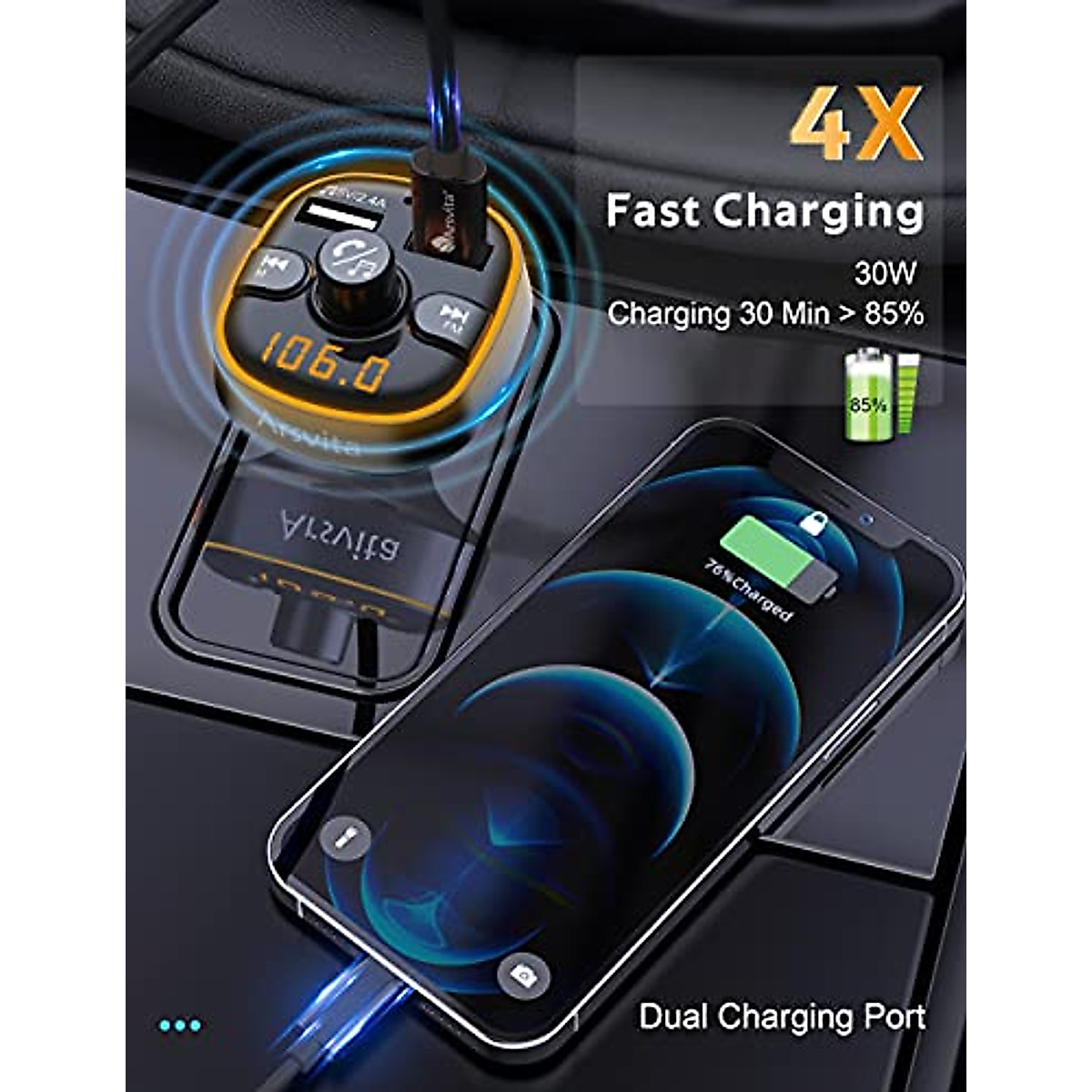 Arsvita Bluetooth FM Transmitter for Car, Radio Receiver / Audio Adapter with Dual Car Charger, Support QC3.0 Quick Charging, Hands-Free Calling and Hi-Fi Sound Playback, Black
