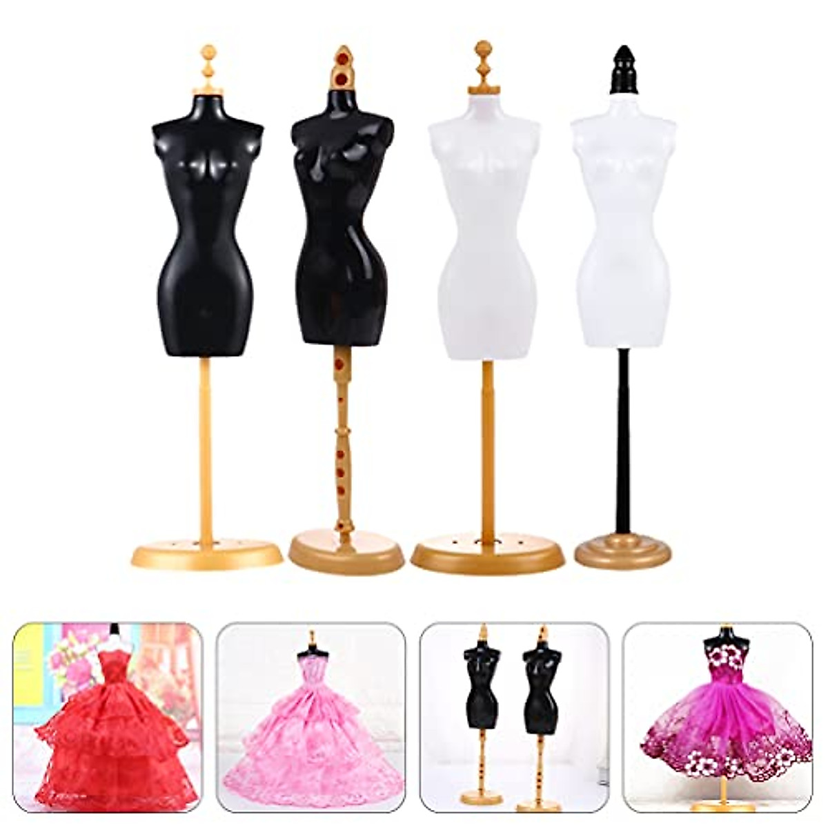EXCEART Miniature Toys 4pcs Doll Dress Form Clothing Clothes Displaying Racks Mannequin Model Stands Girl Plastic Demountable Display Support Doll Accessories (White Black) Maniquin