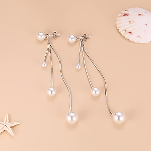 SLUYNZ Sterling Silver Pearls Dangle Earrings Chain for Women Teen Girls Wedding Dangle Earrings Long Tassel (A-Silver)