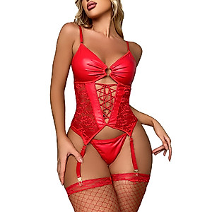 OYOANGLE Women's Floral Lace Lingerie Sets with Garter Belt 3 Piece Teddy Babydoll Bodysuit Red S