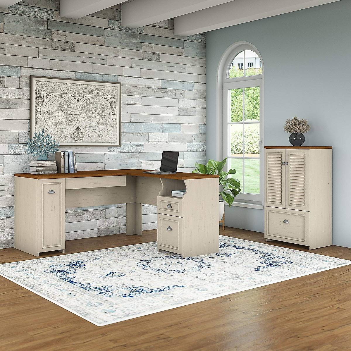 Bush Furniture Fairview 60W L Shaped Desk and Storage Cabinet with Drawer in Antique White and Tea Maple