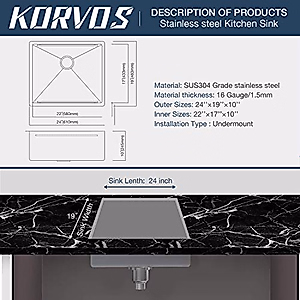 KORVOS Workstation Undermount 16 Gauge Single Bowl Bar Kitchen Sink with Bamboo Cutting Board and Accessories, 24 Inch, Stainless Steel