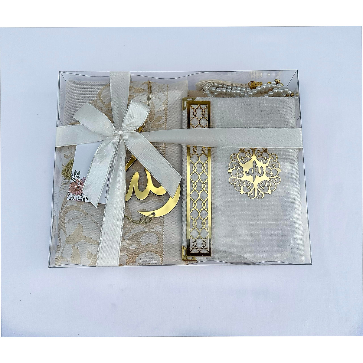SAIKA Prayer Rug Set with Thanks Card, Full Arabic Quran Prayer Rug, Beads and Car Hanger Set,Ramadan Eid Wedding Birthday Graduation Mother's Day (Cream)