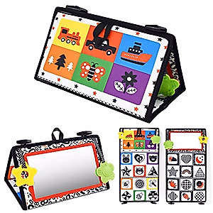 Dr.Rapeti Tummy Time Floor Mirror for Baby Infant Toddler Kids Black and White High Contrast Baby Toy with Teethers Floor Activity Toy Washable Non-Toxic