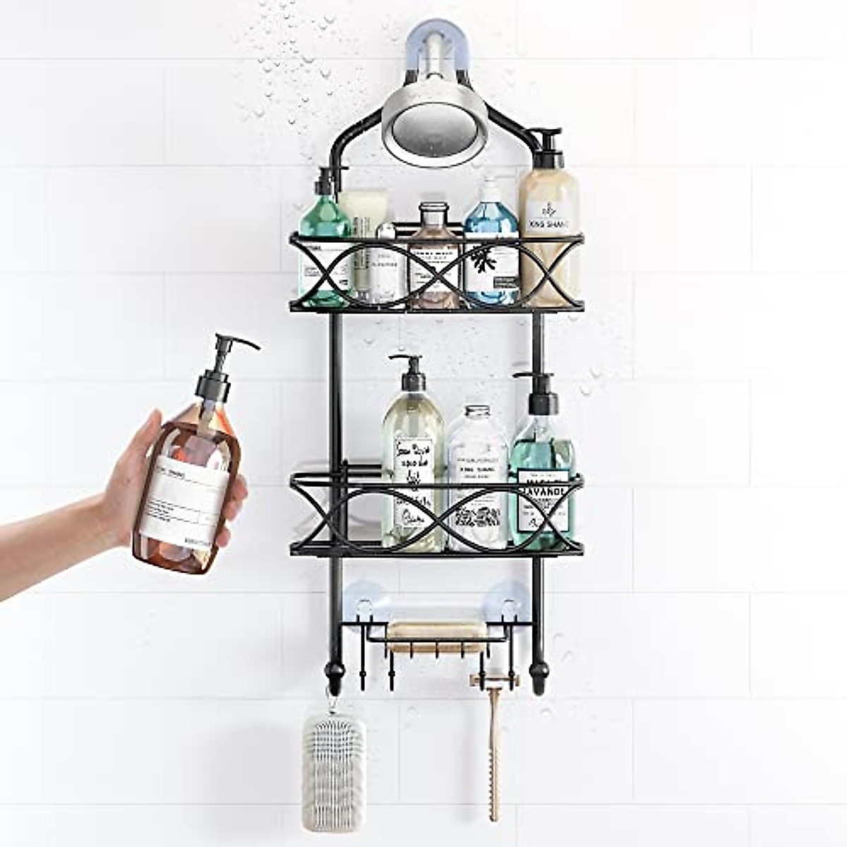GAOKASE Hanging Shower Caddy Over Shower Head, Black Rust Proof Metal Large Bathroom Organizer for Shampoo, Conditioner, Body Wash, Soap, Razors, Shower Sponge, Loofahs and Bath Rack