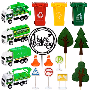 17PCS Garbage Truck Cake Topper Trash Truck Cake Decorations Trash Can Birthday Party for Trash Truck Waste Management Recycling Party Supplies
