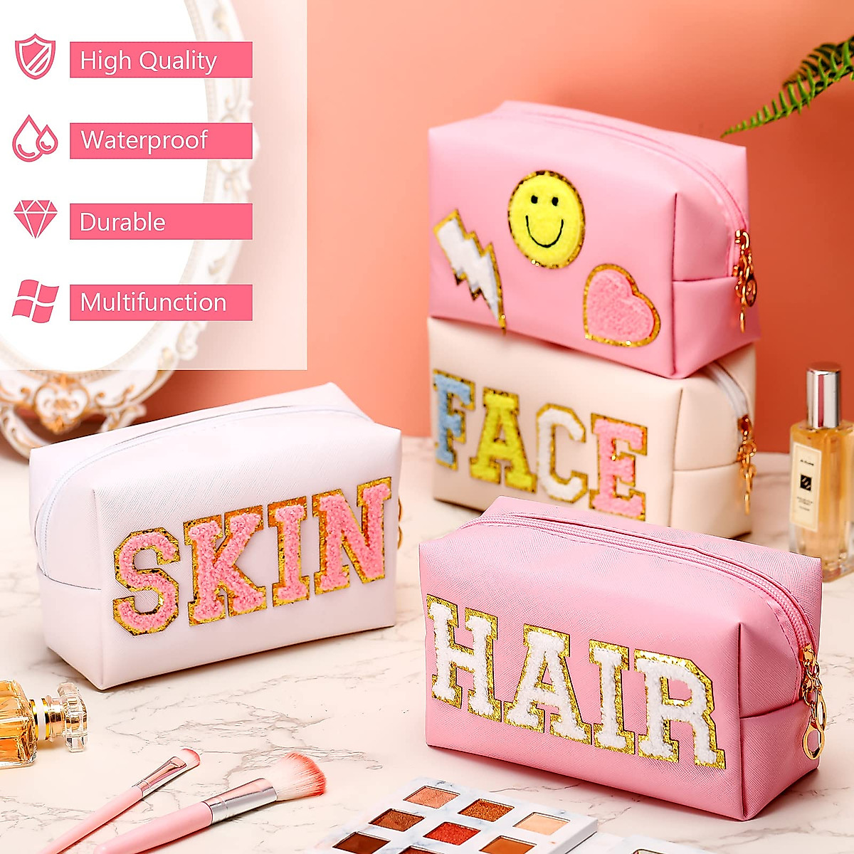 Sanwuta 4 Pcs Hair Face Skin Travel Bag Set Preppy Makeup Pouch PU Leather Skincare Bag Waterproof Cosmetic Organizer Birthday Christmas Gifts(White, Pink, Beige,Fresh Style)