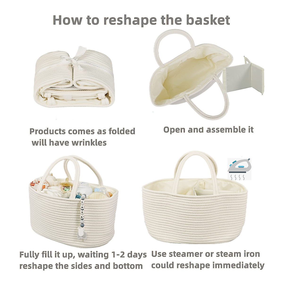 Large Baby Diaper Caddy Organizer for Girl Boy Rope Nursery Storage Bin Basket Portable Holder Tote Bag for Changing Table Car Travel Baby Shower Gifts Newborn Essentials Registry Must Haves White