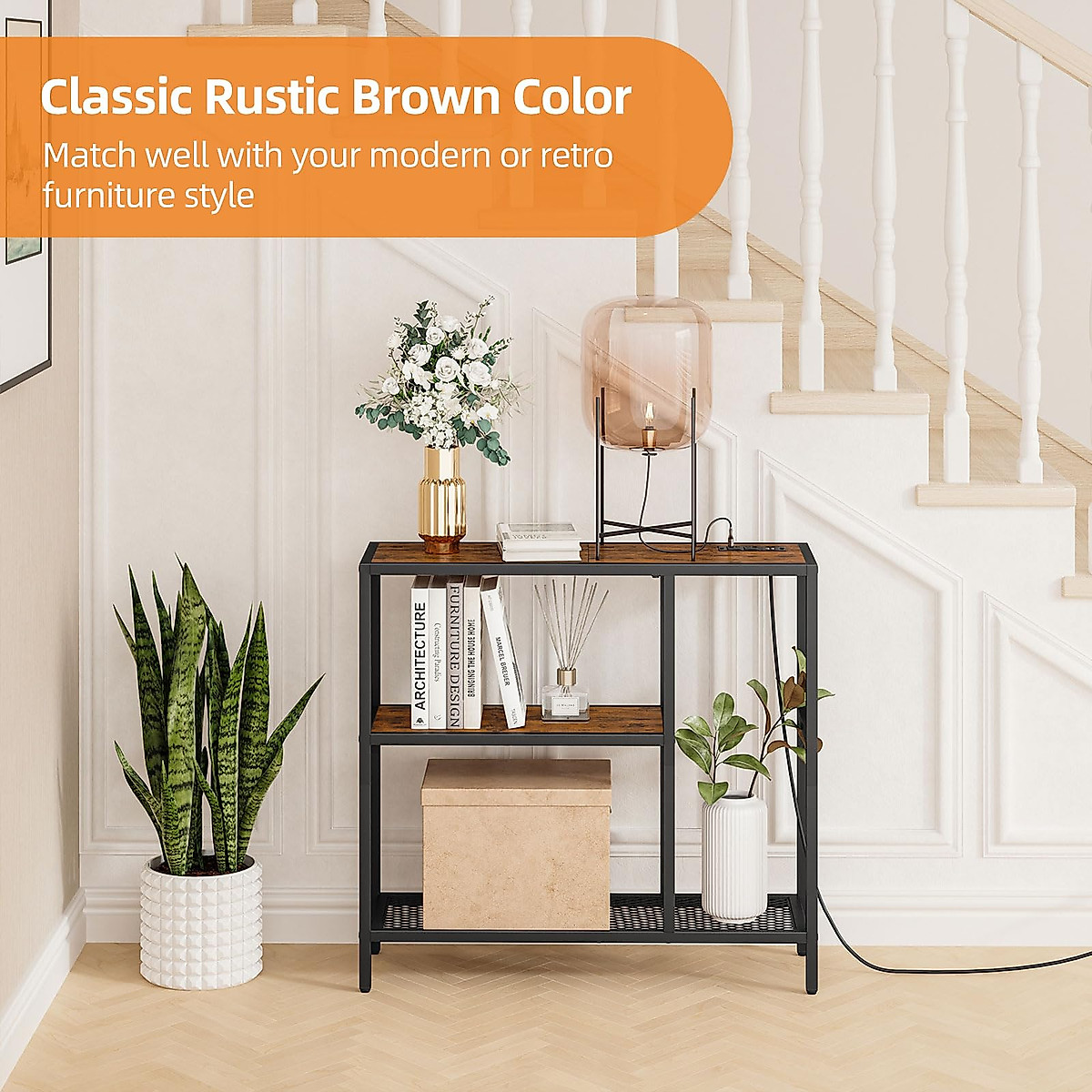 Snughome Console Table with Power Outlets, Entryway Table with Storage, Narrow Sofa Table with 3 Tier Shelves, Couch Table with USB Ports, for Hallway Living Room, Entrance