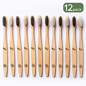 Greenzla Biodegradable Bamboo Toothbrushes, 12 Pack Sturdy BPA Free Soft Bristles Toothbrushes for Adults with Toothbrush Travel Case & Charcoal Dental Floss, Organic & Compostable Wooden Toothbrushes