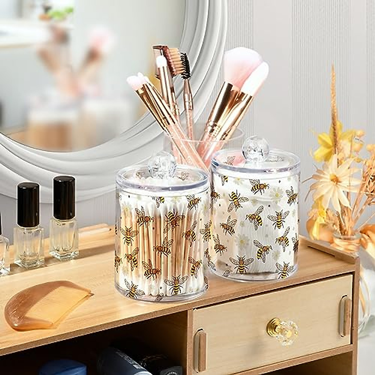 Sletend 2 Pack Plastic Qtips Holder Honey Bees Bathroom Organizer Canisters for Cotton Balls/Swabs/Pads/Floss,Plastic Apothecary Jars for Vanity