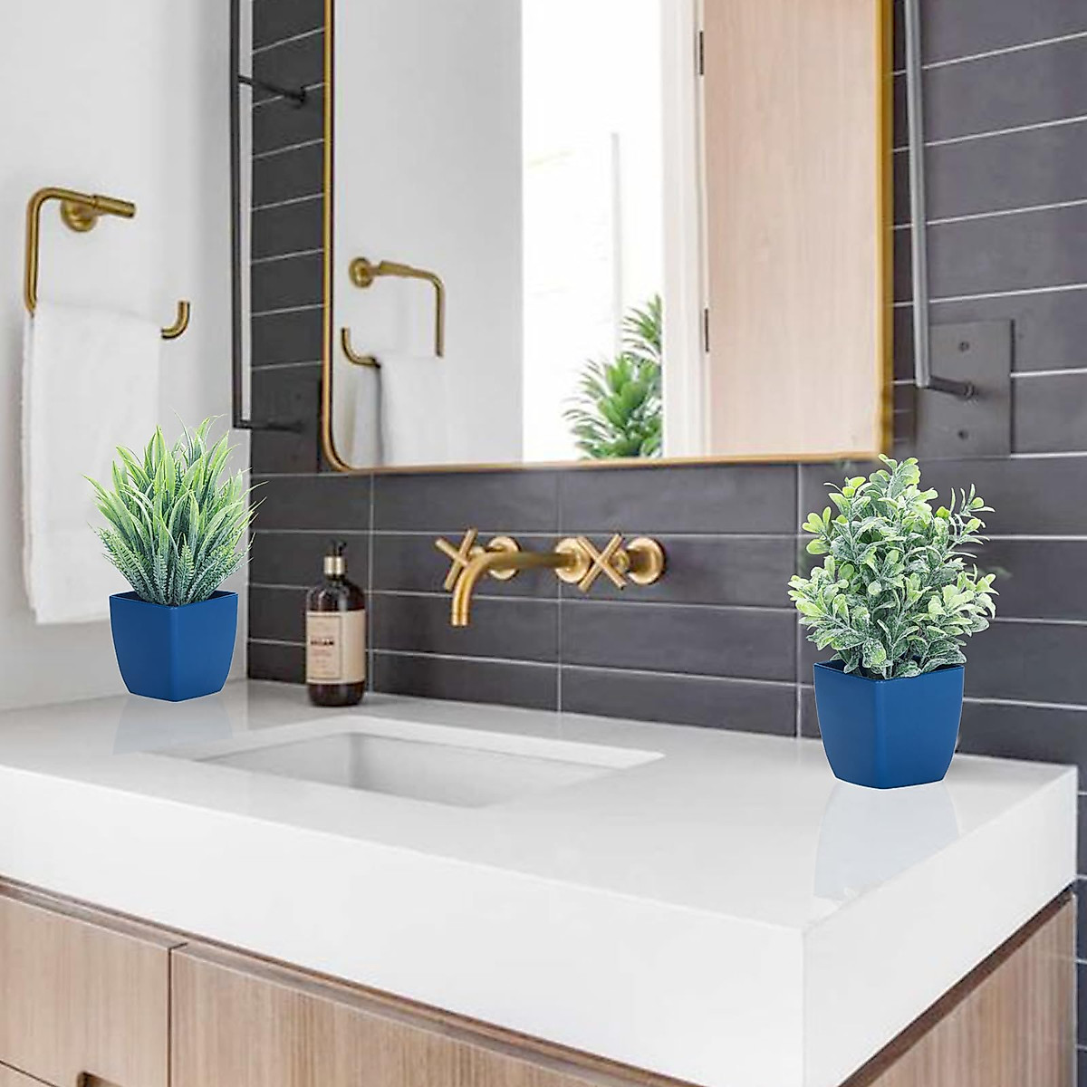 summer flower 2 Pack Fake Plants in Pot Small Artificial Eucalyptus Potted Plant Faux Rosemary in Pot Greenery for Home Decor Indoor Office Shelf Table Desk Bathroom Decoration (Blue-2)