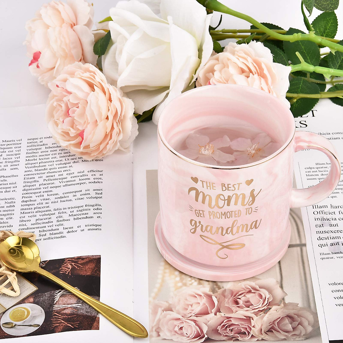 The Best Moms Get Promoted to Grandma Mug, Mother's Day Gifts for Grandma, Best Grandma Gift from Grandson Granddaughter, Funny Coffee Mug for Grandma, Grandma Mugs 12Oz with Box and Spoon Coaster