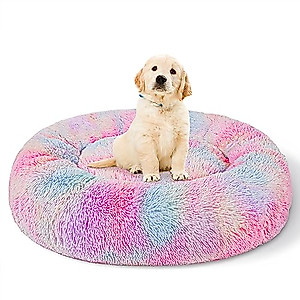 Patas Lague Calming Donut Dog Bed Cat Bed for Small Medium Large Dogs and Cats Anti-Anxiety Plush Soft and Cozy Cat Bed Warming Pet Bed for Winter and Fall (20 in, Mixed Rainbow)