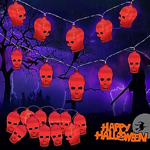 Halloween Skull Decoration String Lights 20LED Outdoor and Indoor with Remote Control Waterproof Battery Operated, Used in Haunted Houses Window Party Create a Halloween Horror Atmosphere (Red )